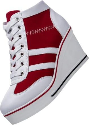 Rismart Femme Toile Baskets à Talon Compensé Plate-Forme Chaussures Hautes Décontractées, Rouge Blanc, 39 EU