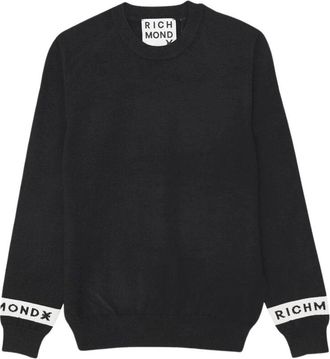John Richmond Homme, Pulls, Noir, Taille: 2XL Pull noir en laine à col rond avec poignets logo