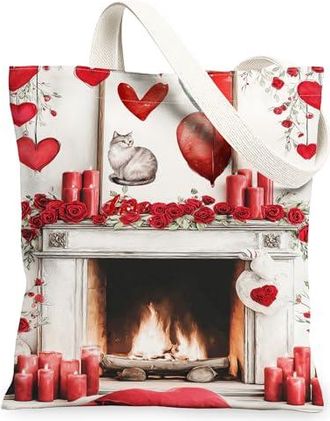 Generic Sacs fourre-tout r&eacute;utilisables en toile pour la Saint Valentin, motif coeurs damour, sacs d&eacute;picerie vintage, l&eacute;gers et lavables, Rouge, 13x15 Inch