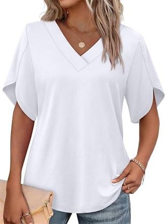 Generic T-shirt d&eacute;t&eacute; &agrave; col en V pour femme, tendance, d&eacute;contract&eacute;, habill&eacute;, &agrave; manches courtes, haut l&eacute;ger, extensible, pour lautomne, blanc, XXL