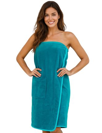 Morgenstern Saunakilt Damen Saunahandtuch mit Knopf und Tasche 100% Baumwolle Frottee Oeko-TEX 90 x 145 cm Handtuch mit Gummizug Katja Petrol