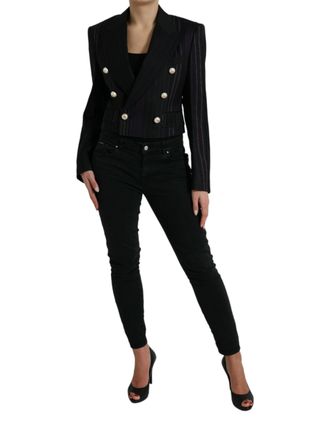 Dolce & Gabbana Womens Black Striped Sicilia Double Breasted Jacket Wool Virgin Cotton Silk Clothing