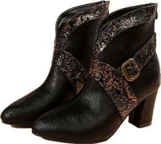 Generic Bottines rétro Chelsea pour femme avec fermeture éclair à larrière et boucle florale, patchwork confortable, bout rond, talon bloc, hiver, Noir, 39.5 