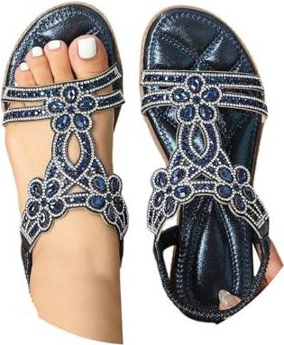 Generic Sandales plates d&eacute;t&eacute; d&eacute;contract&eacute;es et l&eacute;g&egrave;res &agrave; enfiler en similicuir avec barre en T et strass pour femme, Bleu fonc&eacute;., 35.5 EU