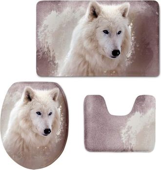 Showudesigns Wolf Badematten Set 3 teilig - 3 Stück Toiletten-Abdeckung Set Bad WC Set Sitzbezug (Bad Teppich + Pedestal Teppich + Toilettensitzabdeckung)