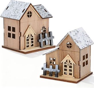 NUOBESTY OSALADI LED Holzhaus Weihnachtsdeko 2 St&uuml;ck mit Beleuchtung Kleine Holzornamente f&uuml;r Tischdekoration Stimmungsvolle Weihnachtsbeleuchtung f&uuml;r Zuhause 