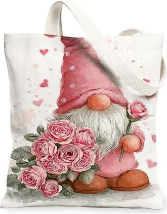 Generic Sacs fourre-tout en toile florale pour la Saint-Valentin, motif gnome rose, sacs d&eacute;picerie r&eacute;utilisables, printemps vintage l&eacute;ger lavable Sho, p&ecirc;che, 