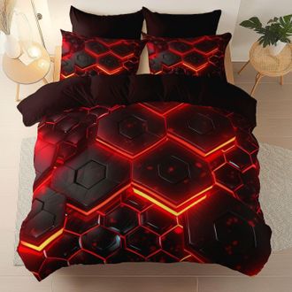 Generic Bettw&auml;sche 155 x 220 cm Schwarz Und Rot Weich Warme Flanell Bettbezug, Cool Neon Geometrisch Sechseckig Drucken Winter Kinderbettw&auml;sche-Sets mit Rei&szlig;v