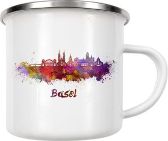 artboxONE Emaille Tasse Basel Skyline in Watercolor-b von Paul Rommer - Emaille Becher Städte