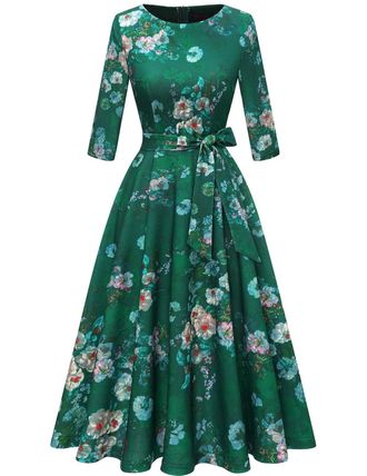Dresstells Damen Cocktailkleid Konfirmationskleider Festliche Partykleider Midilang Cocktailkleid Abendkleid mit Gurtel Retro Langarm Faltenrock Green Flower 2XL