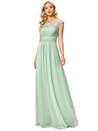 Ever-pretty Robe de Bal Longue Femme Dentelle Taille Empire Mousseline Fluide &Eacute;l&eacute;gante Vert menthol&eacute; 46