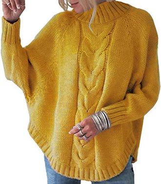 Onsoyours Femmes Pull Tricoté Col Rond Solide Couleur Col Roulé Chandail Casual Pull à Manche Longue Sweater Chaud Tricot Hauts Pullover Tops Jaune 48