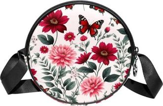 Generic Sac &agrave; bandouli&egrave;re rond pour femme, motif floral et papillons, petit sac &agrave; bandouli&egrave;re avec fermeture &eacute;clair, bretelles r&eacute;glables, sac &agrave; main rond d&eacute;co