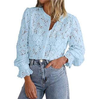 Generic Chemisier d&eacute;contract&eacute; en dentelle &agrave; manches longues pour femme, bleu, XL