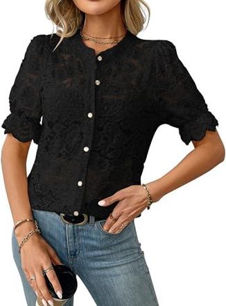 Feoya Chemisier en Dentelle Femme Haut Transparent Manches Courtes Sexy Blouses Elastique Slim Fit T-Shirt Sheer Mesh Noir S