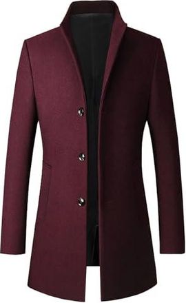Generic Trench-coat mi-long &agrave; col crant&eacute; pour homme, coupe ajust&eacute;e, d&eacute;contract&eacute;, thermique, pour hommes, caban en laine m&eacute;lang&eacute;e, coupe-vent, Rouge, 3XL