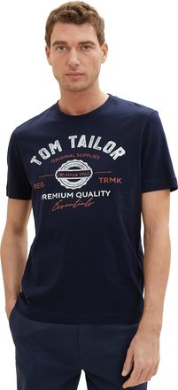 Tom Tailor Herren T-Shirt mit Logo-Print aus Baumwolle, sky captain blue, XL