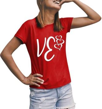 Generic T-shirt &agrave; manches courtes pour femme avec lettres imprim&eacute;es coeur 2026, Rouge, M