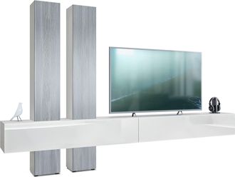 Vladon Wohnwand Moja, Made in Germany, Weiß matt & Weiß/Avola-Anthrazit - Moderne Anbauwand für Ihr Wohnzimmer (BxHxT) 330 x 204 x 39 cm