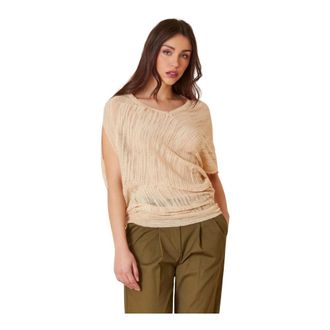 Manila Grace Kurzarm Leinenmischung Flammendes Top - - Knitwear - Damen - Beige - XS