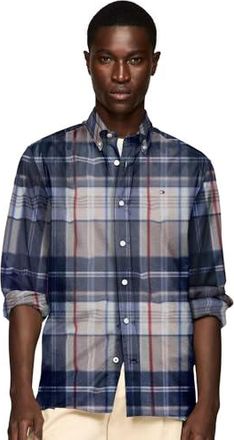 Tommy Hilfiger Chemise boutonn&eacute;e d&eacute;contract&eacute;e &agrave; manches longues pour homme - Coupe droite - Collection 2025, Plaid bleu marine multicolore B743.410, Taille L