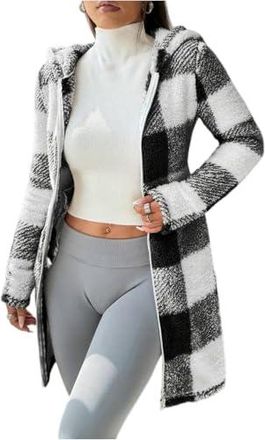 Generic Veste à carreaux pour femme, coupe ajustée, sweat à capuche long, mignon, surdimensionné à fermeture éclair, veste polaire pelucheuse à manches longue