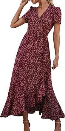 QWUVEDS Robe Longue de Plage Fendue à col en V et à Manches Courtes pour Femmes Robe De Soirée Sexy