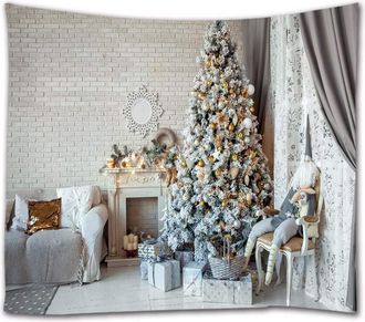 A.Monamour Wandteppiche Weiße Backsteinmauer Weihnachten Urlaub Dekoriert Innenraumdekoration Weihnachtsbaum Kamin Stoff Wandteppich Wanddekoration Wandbehänge V