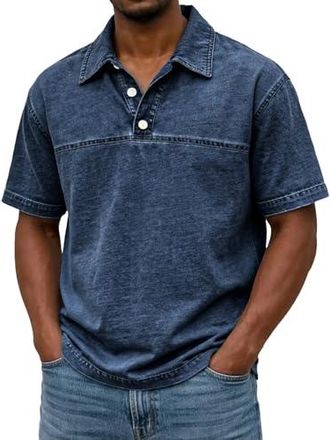 Generic DENGJIAMY Polo vintage pour homme d&eacute;contract&eacute; uni lavage &agrave; lacide T-shirt &agrave; manches courtes r&eacute;tro chemise de golf pour homme T-shirt &agrave; col Fshion Gran