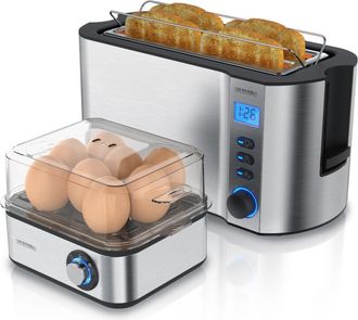 Arendo Fr&uuml;hst&uuml;cksset 2-teilig, 4-Scheiben Langschlitztoaster, 8er Eierkocher, Silber - Arendo