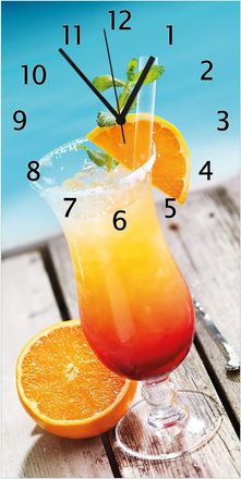 Wallario Design-Wanduhr Bunter Cocktail am Pool aus Glas, Motiv-Uhr Gr&ouml;&szlig;e 30 x 60 cm, Schwarze Zeiger