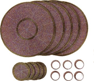 Penguin Home Platzsets, Untersetzer und Serviettenringe, Glasperlen, rund, 18 Stück, 3785, Rotes & Antikes Gold, 32X32 cm