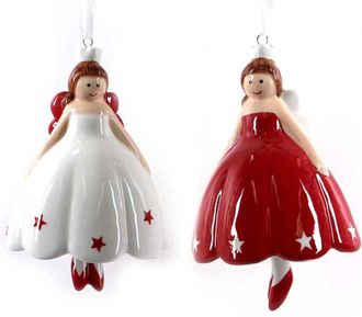 dio Only for You 2 x Dekohänger Engel Keramik | rot weiß | Hänger Baumschmuck | 9 cm | Weihnachten Advent