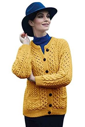 Aran Woollen Mills Cardigan Irlandais Aran pour Femme 100% Laine M&eacute;rinos Fabriqu&eacute; en Irlande (Jaune, M)
