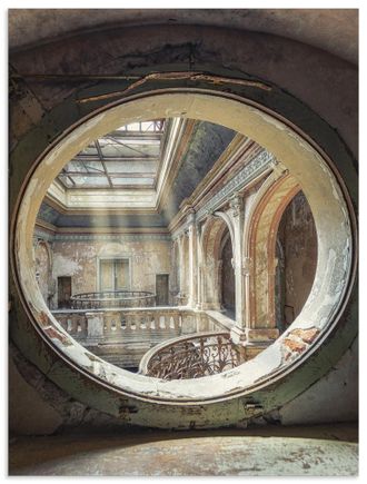 Artland ARTland Wanddeko Wandbild Alu Verbundplatte für Innen & Outdoor Bild 45x60 cm Architektur Ruinen Treppe Bullauge Fenster Ornamente Licht Lost Places U