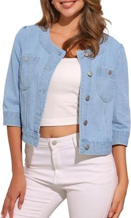 Allegra K Veste en Jean dÉté Femme à Manches 3/4 Sans Col Blouson Court en Denim Chemisier Boutonné Vintage Bleu Clair M