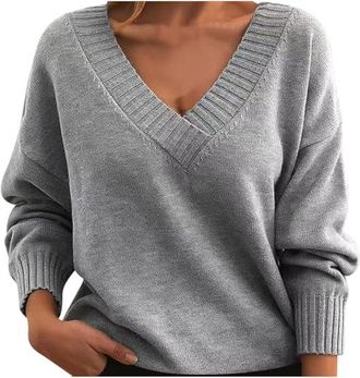 Generic Pull court court &agrave; manches longues raglan double face col en V pour femme, gris, XXL