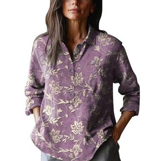 Generico Chemise Femme &Eacute;l&eacute;gant &agrave; Manches Longues Chemises en Lin Coton Curvy Grande Taille T Shirt Col en V Doux Blouse Vintage Imprim&eacute; avec Boutons Classique 