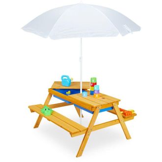 Relaxdays Relaxdays - Table de jardin pour enfants en bois avec 2 bacs &agrave; sable et eau - Parasol ajustable - Dimensions 49 x 86 x 92,5 cm - Pour 4 enfants