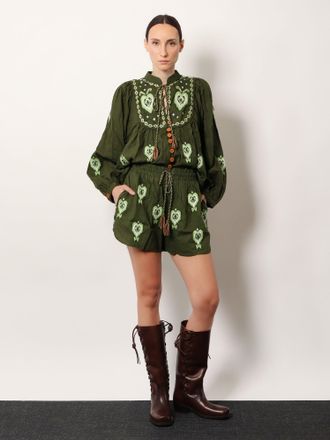 Farm Rio Womens Embroidered Puff Sleeve Shirt Green Linen