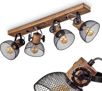 HOFSTEIN Deckenleuchte Orny, Deckenlampe im Vintage-Design aus Holz/Metall in Braun/Schwarz m. Schirmen in Gitter-Optik, Lampe m. Holzbalken, Textilkabeln u. v