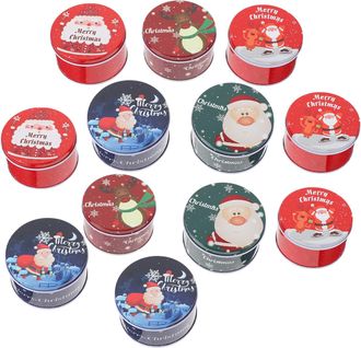 BESTONZON 12 Stück Weihnachts-Blechdose, Weihnachts-Plätzchendosen aus Weißblech mit Weihnachtsmann, runde leere Dosen mit Deckel, Weihnachts-Blechdose zur Aufb