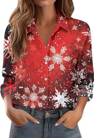 Generic Pull de Noël à manches longues pour femme Motif Père Noël Arbre de Noël Flocon de neige Chemises UK Boutons fantaisie Graphique 2026 Chemisiers de Noë