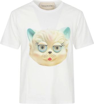 Valentino Garavani Homme, Tops, Beige, Taille: S T-shirt en coton avec imprim&eacute; Le Chat de la Maison