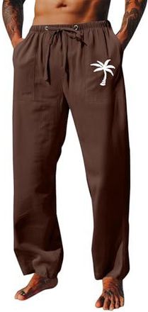 Generic Pantalon d&eacute;t&eacute; en lin respirant pour homme - Pantalon de plage blanc - Coupe ajust&eacute;e - Taille &eacute;lastique - Pantalon de jogging pour homme - Pantalon de 