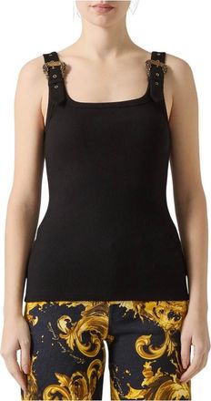 Versace Jeans Couture Femme, Tops, Noir, Taille: 38 FR Top en coton avec boucles logot&eacute;es
