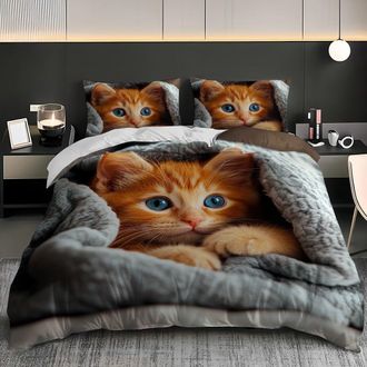 Generic Niedliche Orange Katze Bettw&auml;sche 155x220 Tiermotive Bettw&auml;sche-Sets f&uuml;r Kinder Jungen Bettbezug Set 3D Druck Bettbez&uuml;ge Weiche Mikrofaser mit Rei&szlig;ves