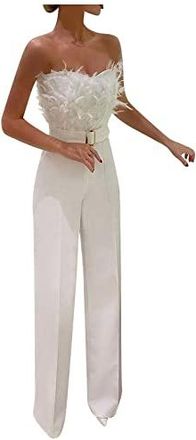 ZYUEER Combinaison Femme Chic, Combinaison Bustier sans Manches Sexy Combishort Longue Soiree Mariage Jumpsuit One Piece Playsuit Ceinturée à Taille Haute (W