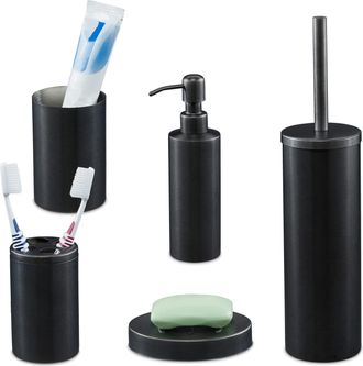 Relaxdays Badezimmer Set, 5-TLG, Badaccessoires Edelstahl gebürstet, komplette Badezimmerausstattung, modern, anthrazit