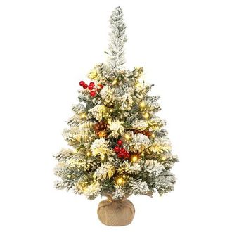 AGM Mobile 60 cm Tisch Weihnachtsbaum Klein mit praller Flocked Schneetanne 50leds Lichterketten Deko 35 Rote Beeren 7 Tannenzapfen 2ft K&uuml;nstlicher Christb&auml;ume f